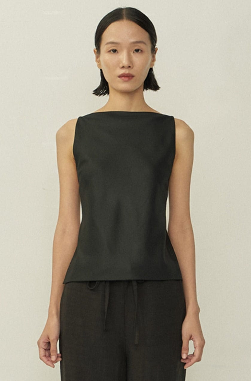 arc us arkus Black Glossy Chiffon Bias Cut Square Neck Open Back Top ...